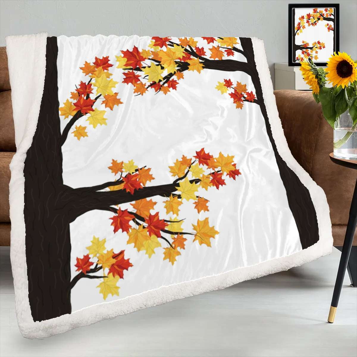 Bird On A Tree With Autumn Leaves Sherpa Blanket Throw Blanket For Bed ...