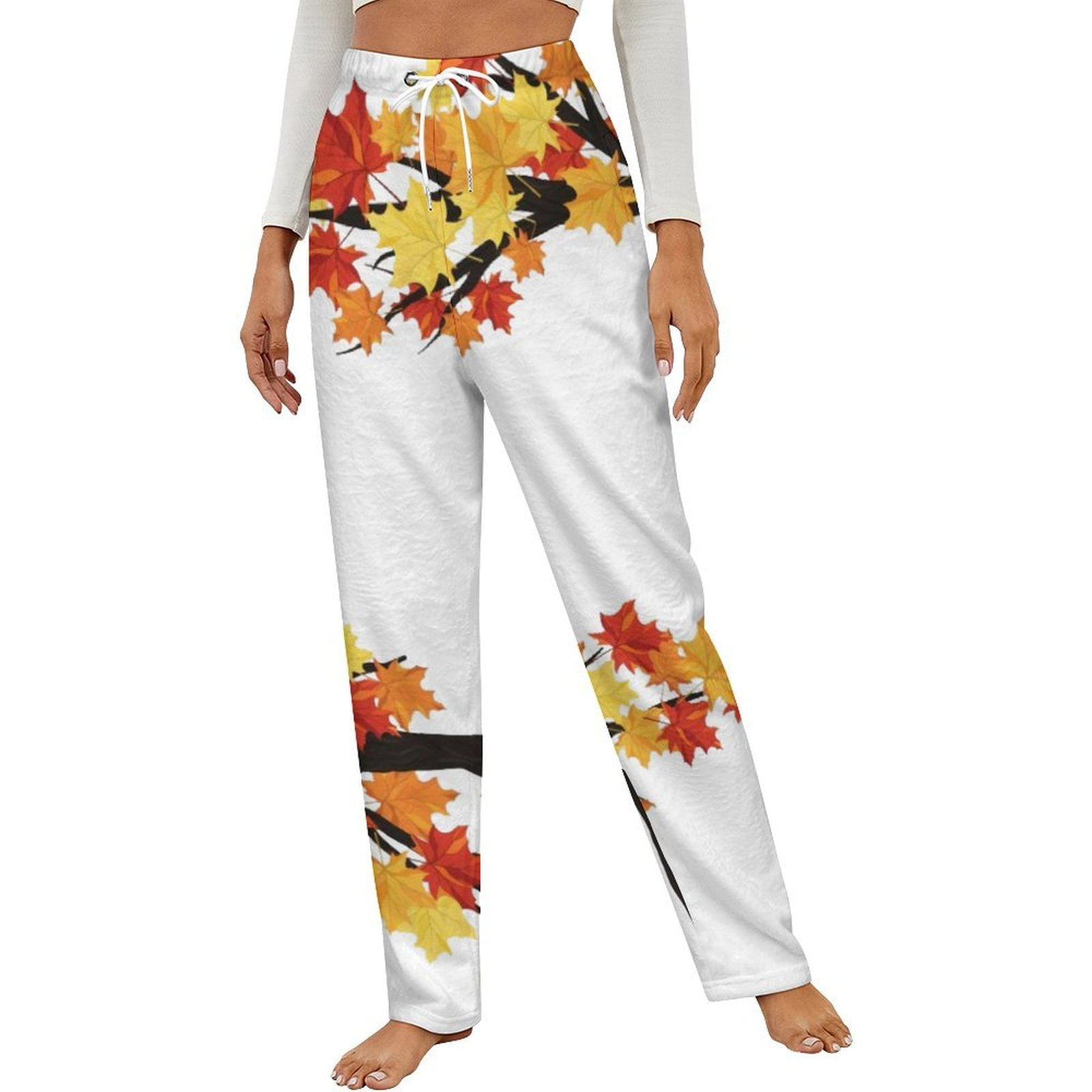 Bird On A Tree With Autumn Leaves Winter Female Pants Flannel High ...