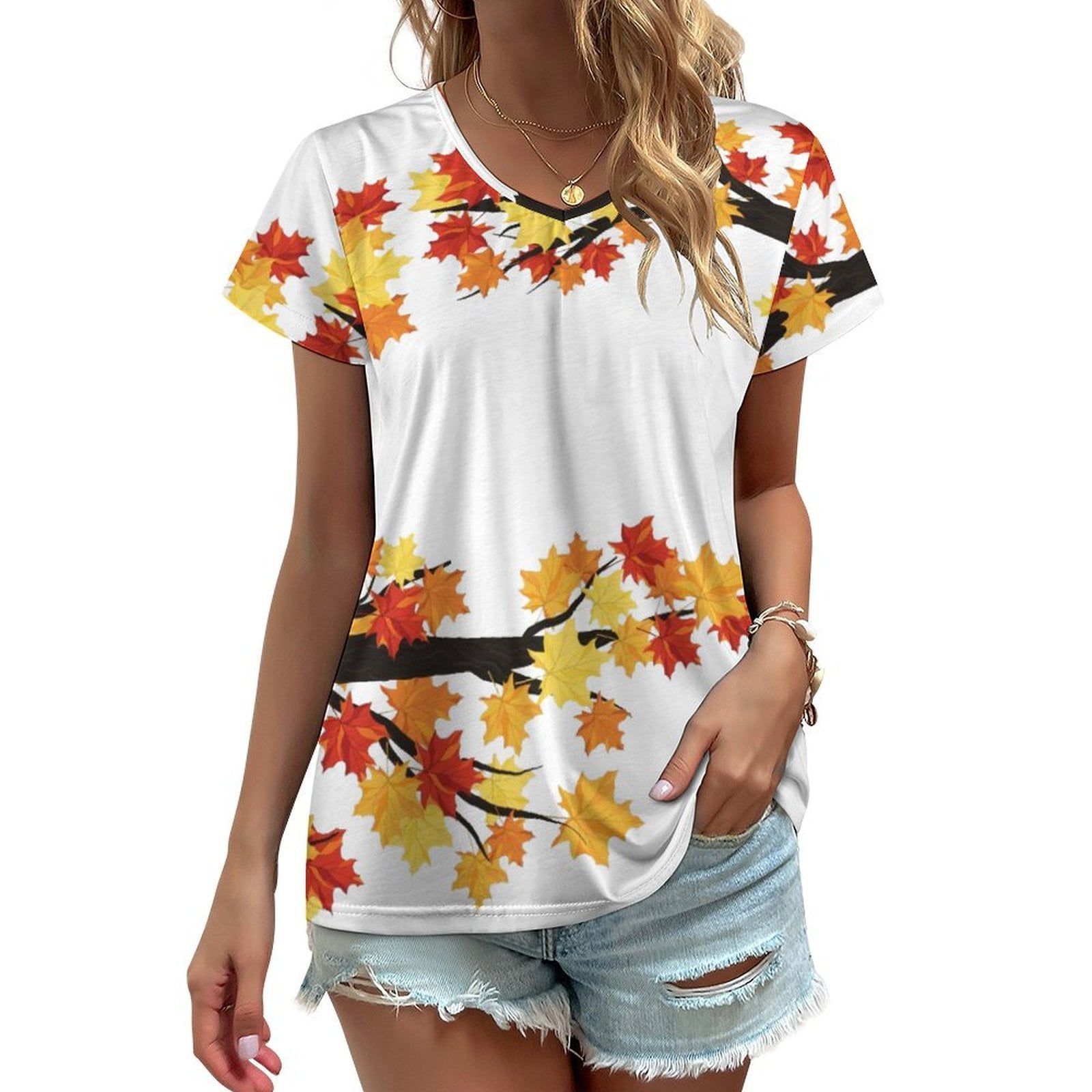 Bird On A Tree With Autumn Leaves Women's Blouse Short Sleeve Women's ...