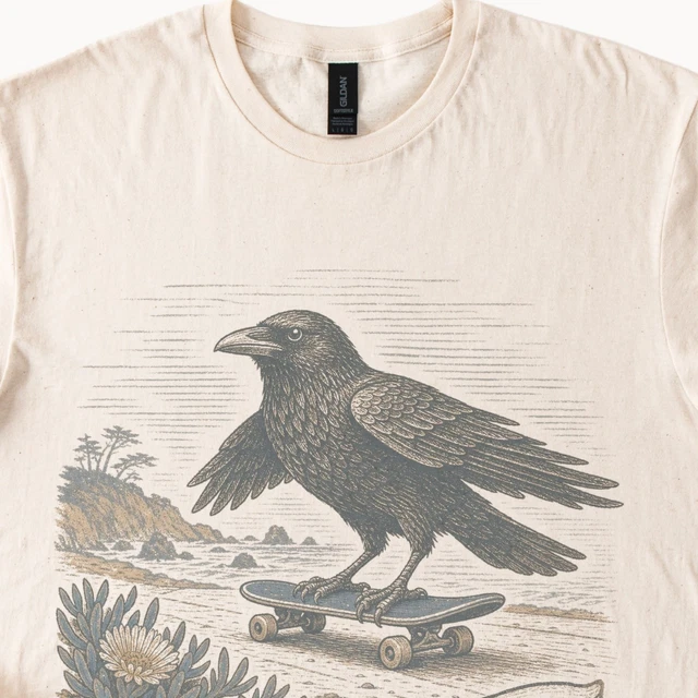 Bird On Skateboard Graphic Tee Coastal Nature Whimsical Art Design Size ...
