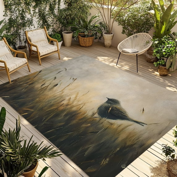 Bird Outdoor Rug, Wild Grass Misty Field Animal Nature Rustic Non-Slip ...