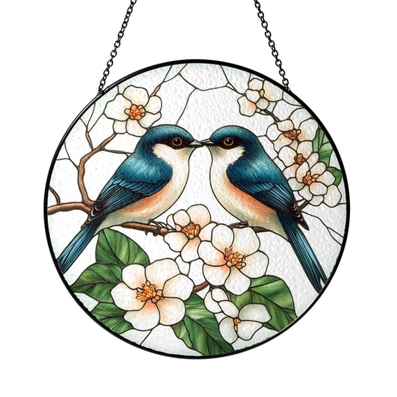 Bird Pair Stained Glass Style Window Suncatcher, Floral Nature Art ...