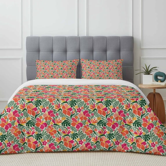 Bird of Paradise Duvet Cover Set Full Size, Tropical Red Hibiscus ...