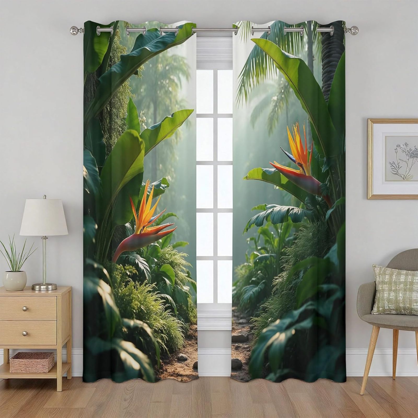 Bird Of Paradise Grommet Curtains Window, Tropical Rainforest Scenery ...
