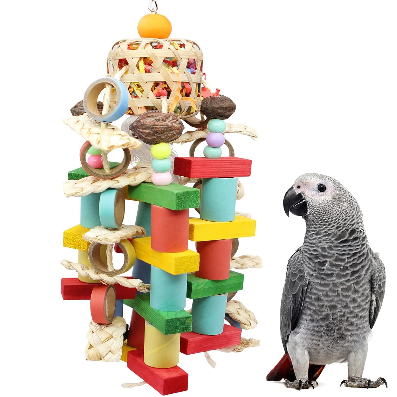 Bird Parrot Toy, Large Parrot Toy Natural Wooden Blocks Bird Chewing ...