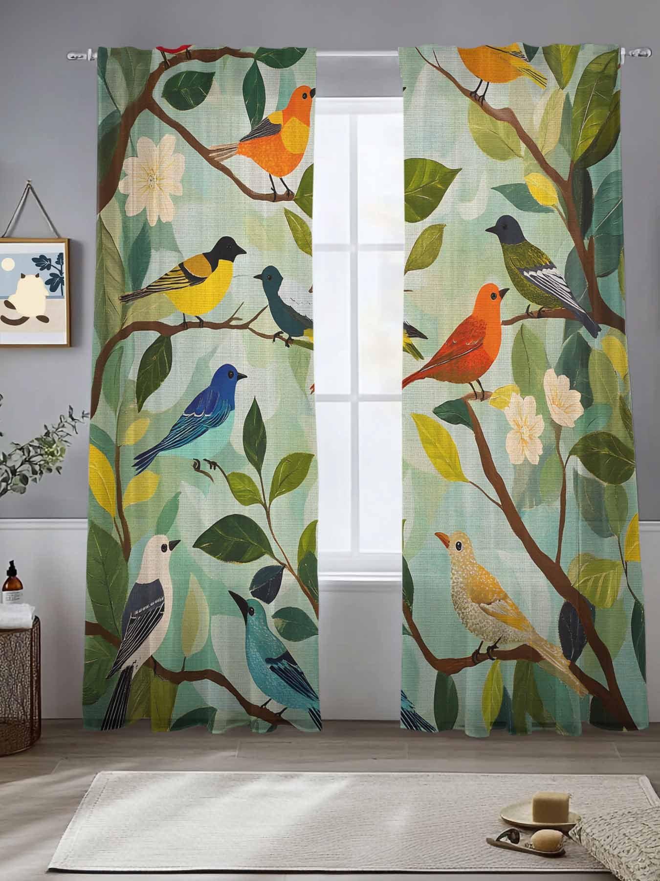 Bird Pastoral Bird Flowers Chiffon Sheer Curtains 84 Inches Long ...