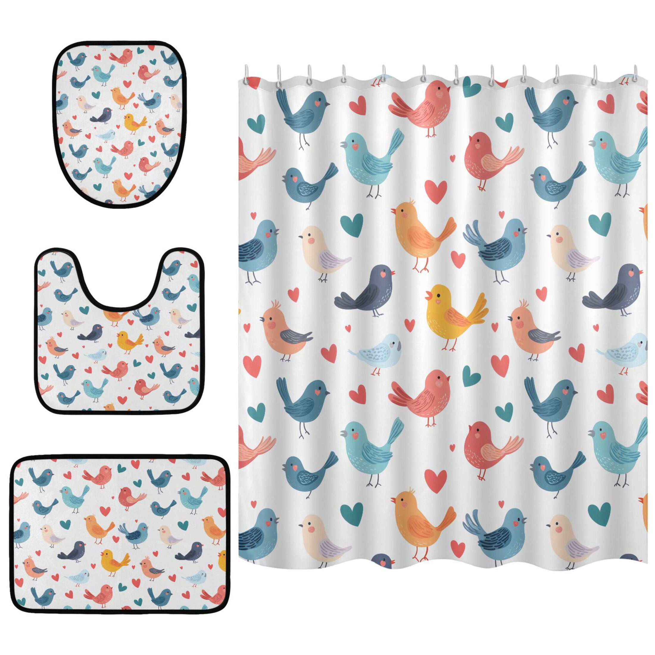 Bird Pattern Shower Curtain Sets 4 Piece Waterproof Bathroom Set with ...