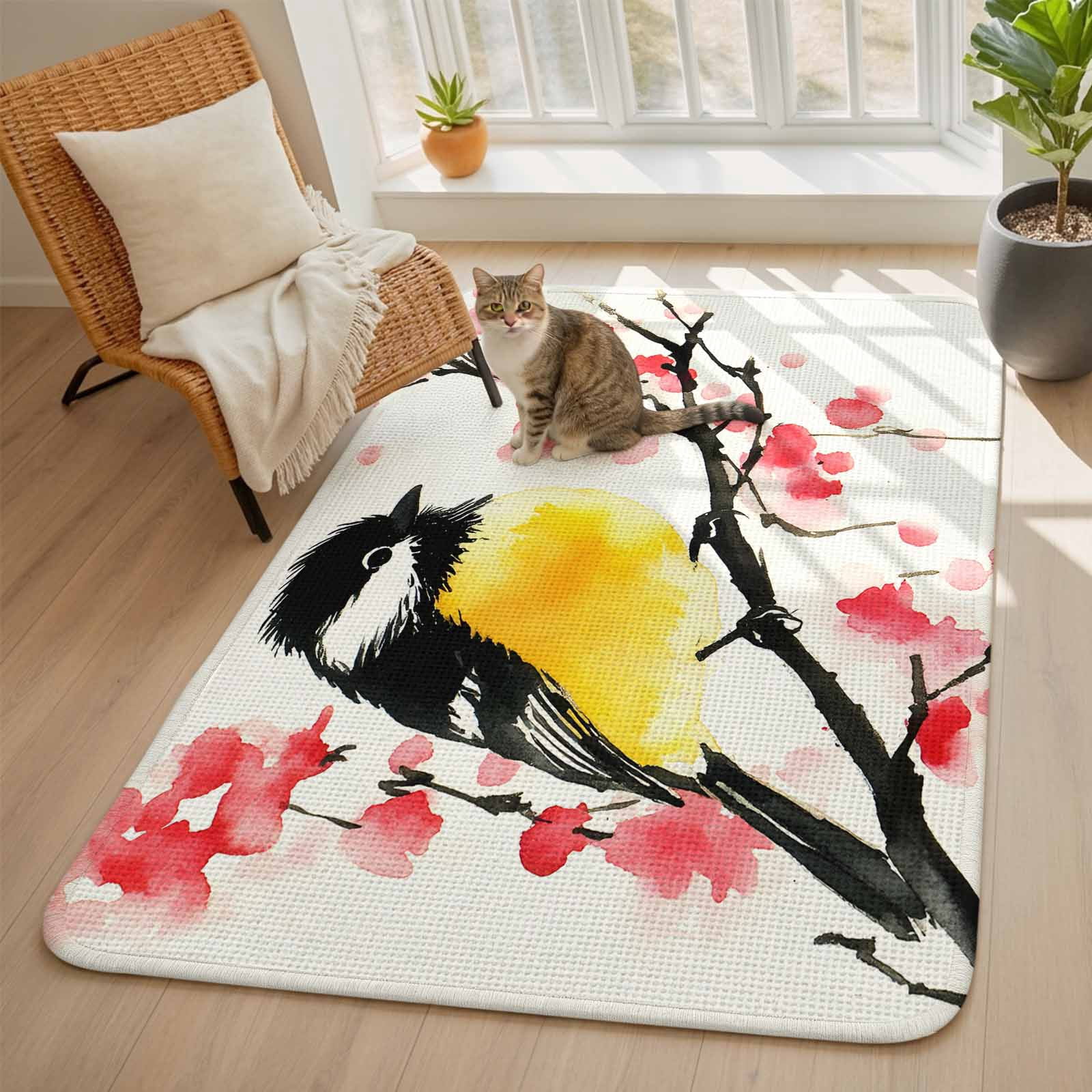Bird Peach Blossom Area Rugs for Living Room 5x7, Watercolor Animal ...