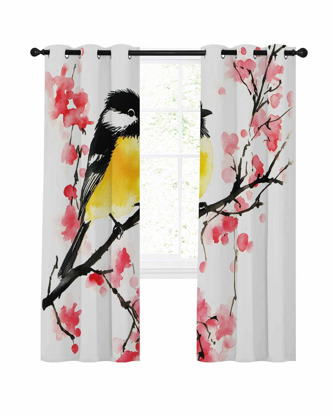 Bird Peach Blossom Blackout Curtains 63 Inch Length Watercolor Animal ...