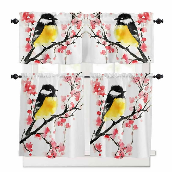 Bird Peach Blossom Kitchen Curtains Valance and Tier Set Watercolor ...