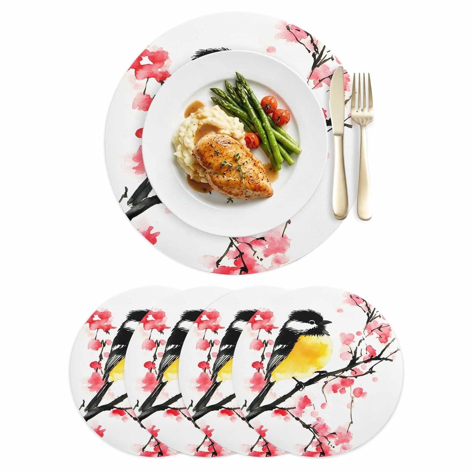 Bird Peach Blossom Leather Placemats Set of 4, 12 Inch, Watercolor ...
