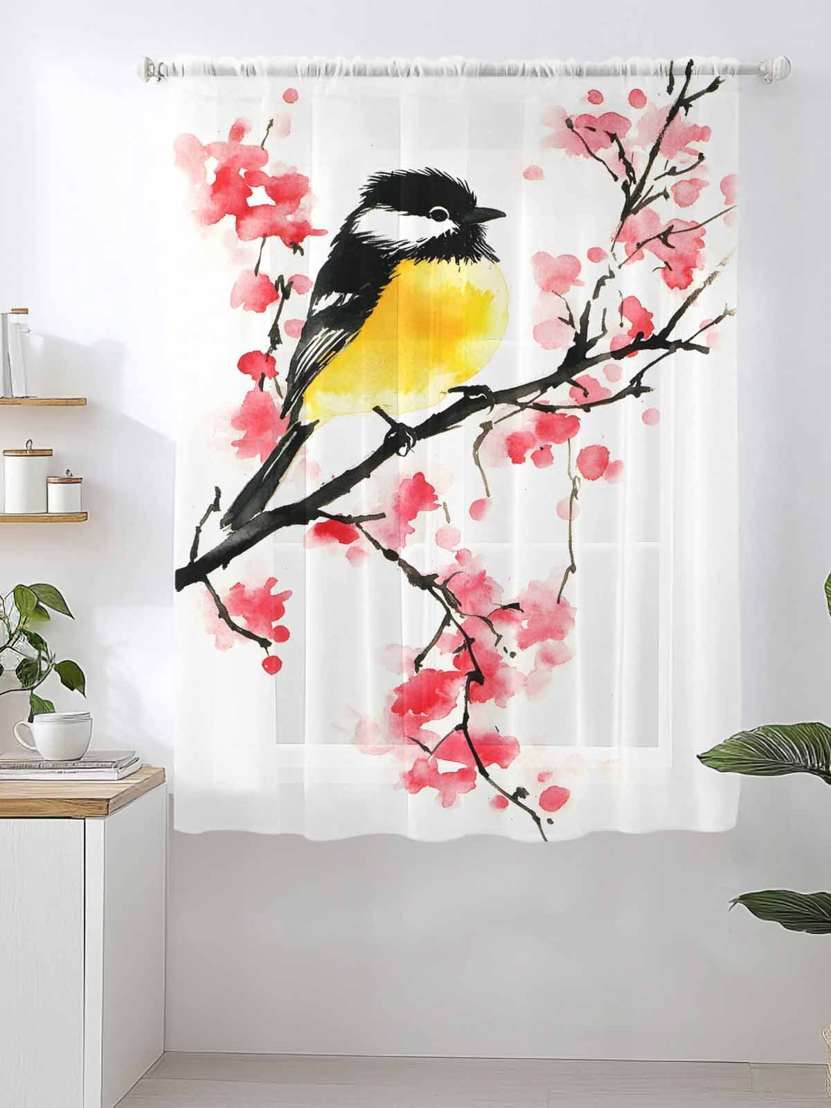 Bird Peach Blossom Sheer Curtains 72 Inch Long 1 Panel Watercolor ...