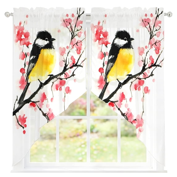 Bird Peach Blossom Sheer Curtains Swag Valances for Windows Watercolor ...