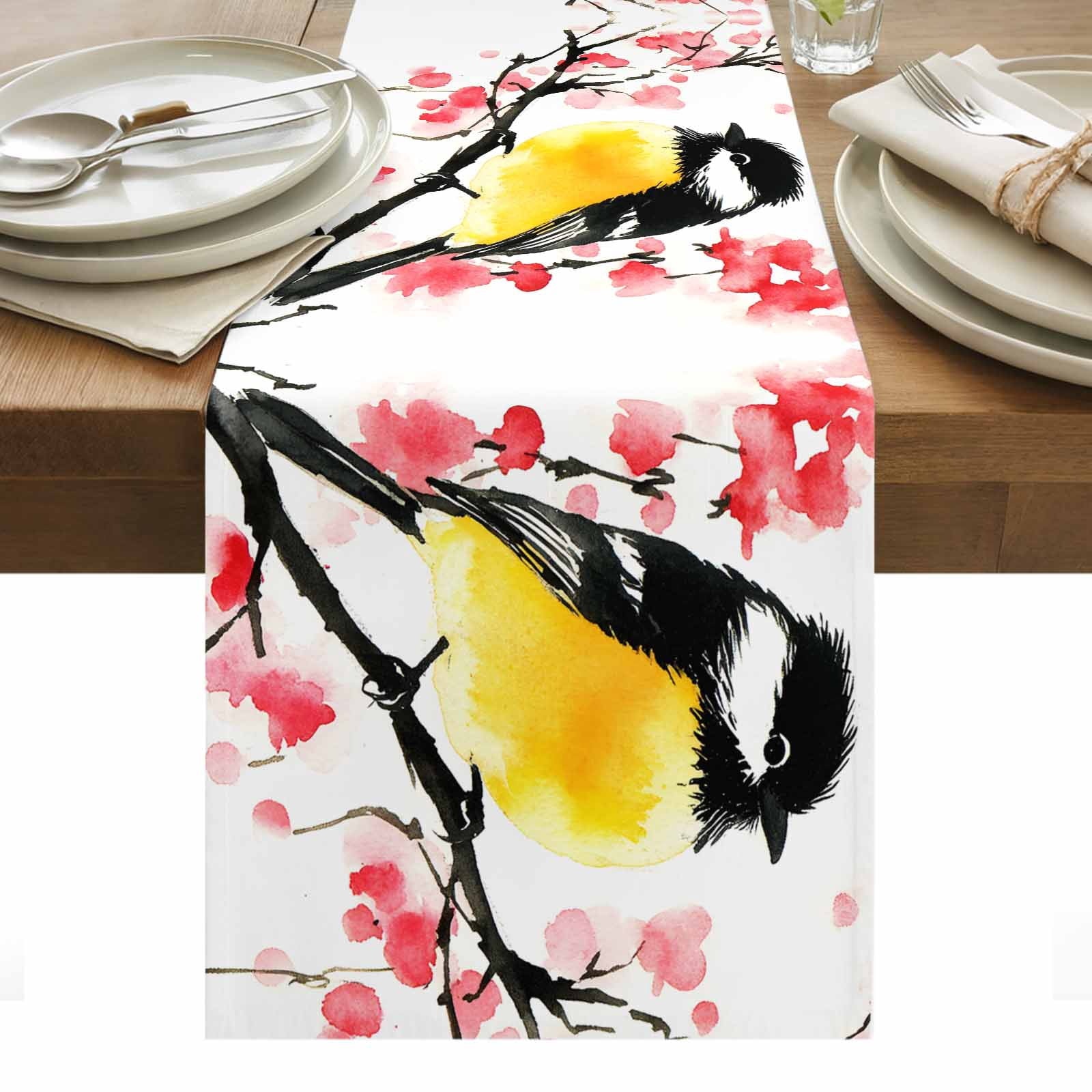 Bird Peach Blossom Table Runner 13 x 70 Inch, Watercolor Animal Branch ...