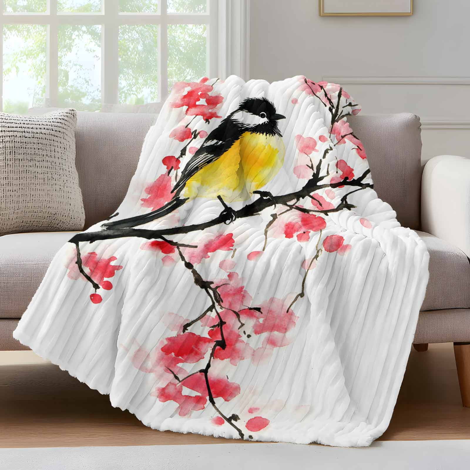 Bird Peach Blossom Throw Blanket for Couch Watercolor Animal Branch ...