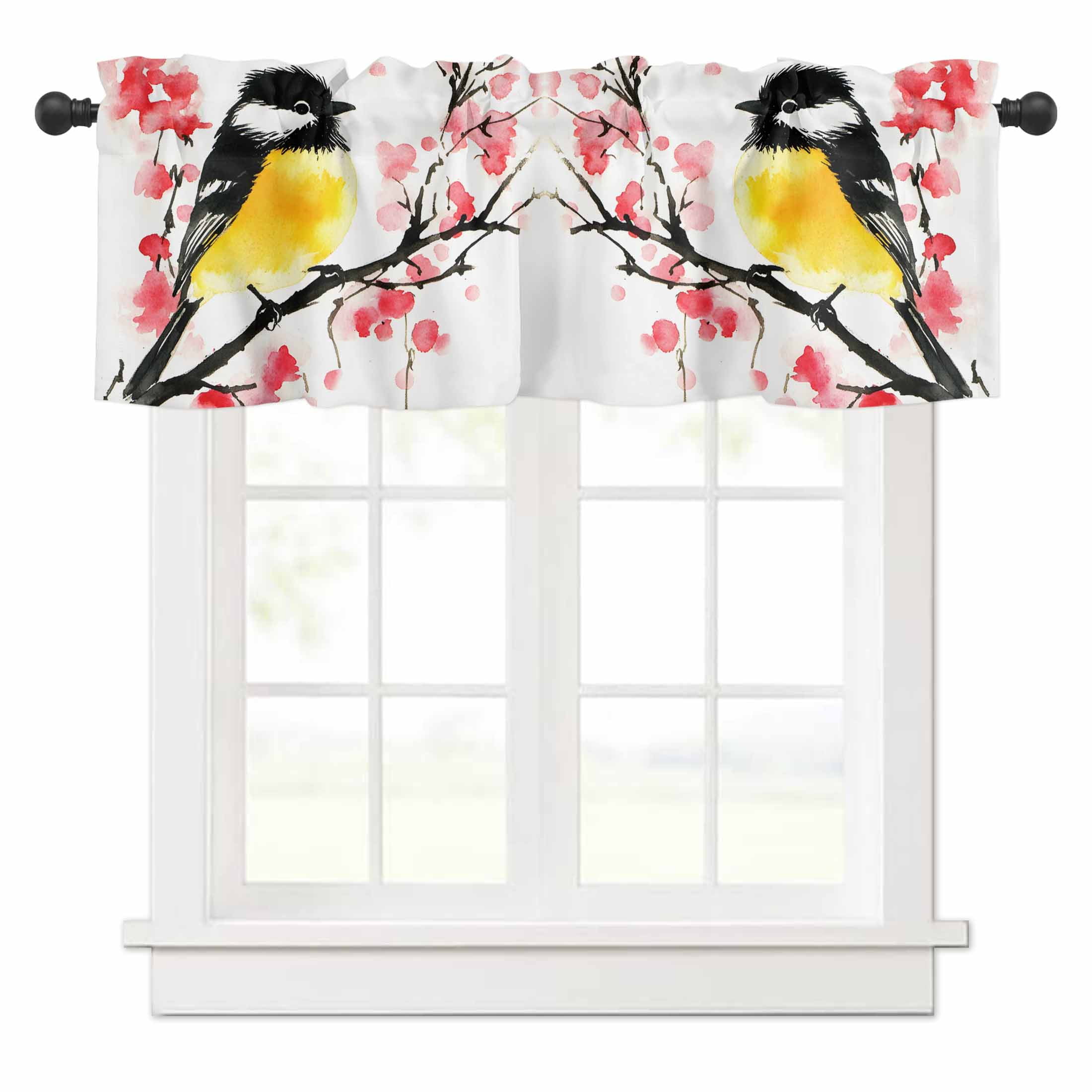Bird Peach Blossom Valances for Windows Watercolor Animal Branch Plant ...