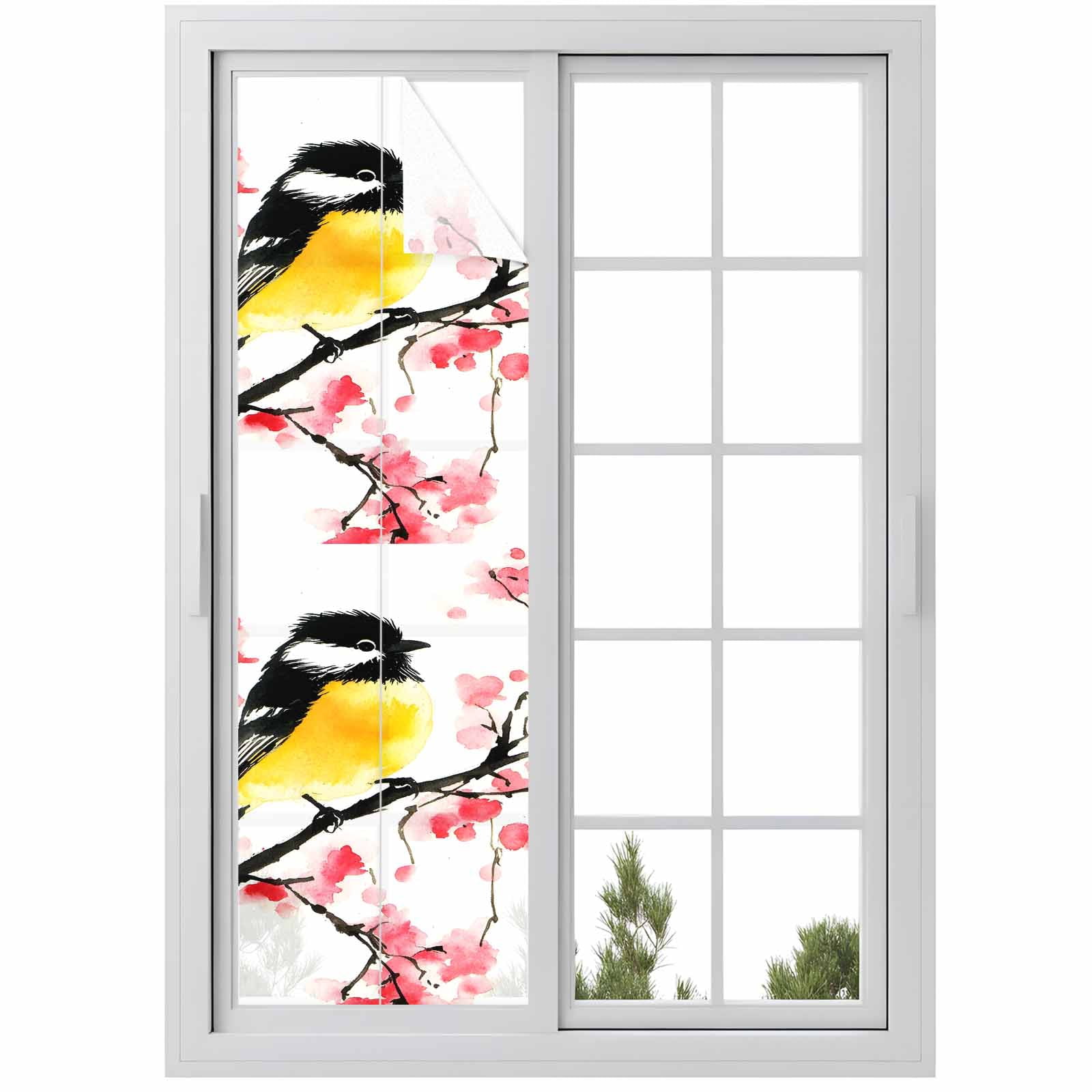 Bird Peach Blossom Window Privacy Film Watercolor Animal Branch Plant ...