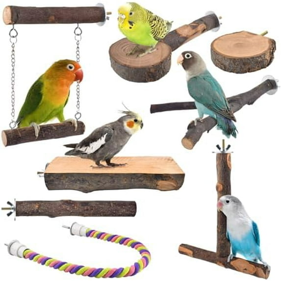 Bird Perch & Chewing Toy Set - 8pcs Multi-Branch Wood Perches for Small ...