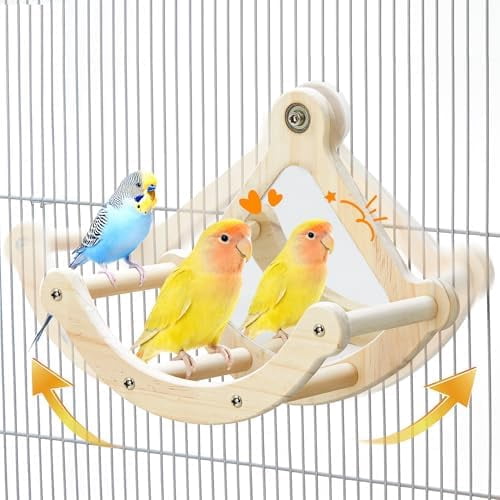 Bird Perch Toy with Mirror for Cage, Interactive Rocking Parakeet Toys ...