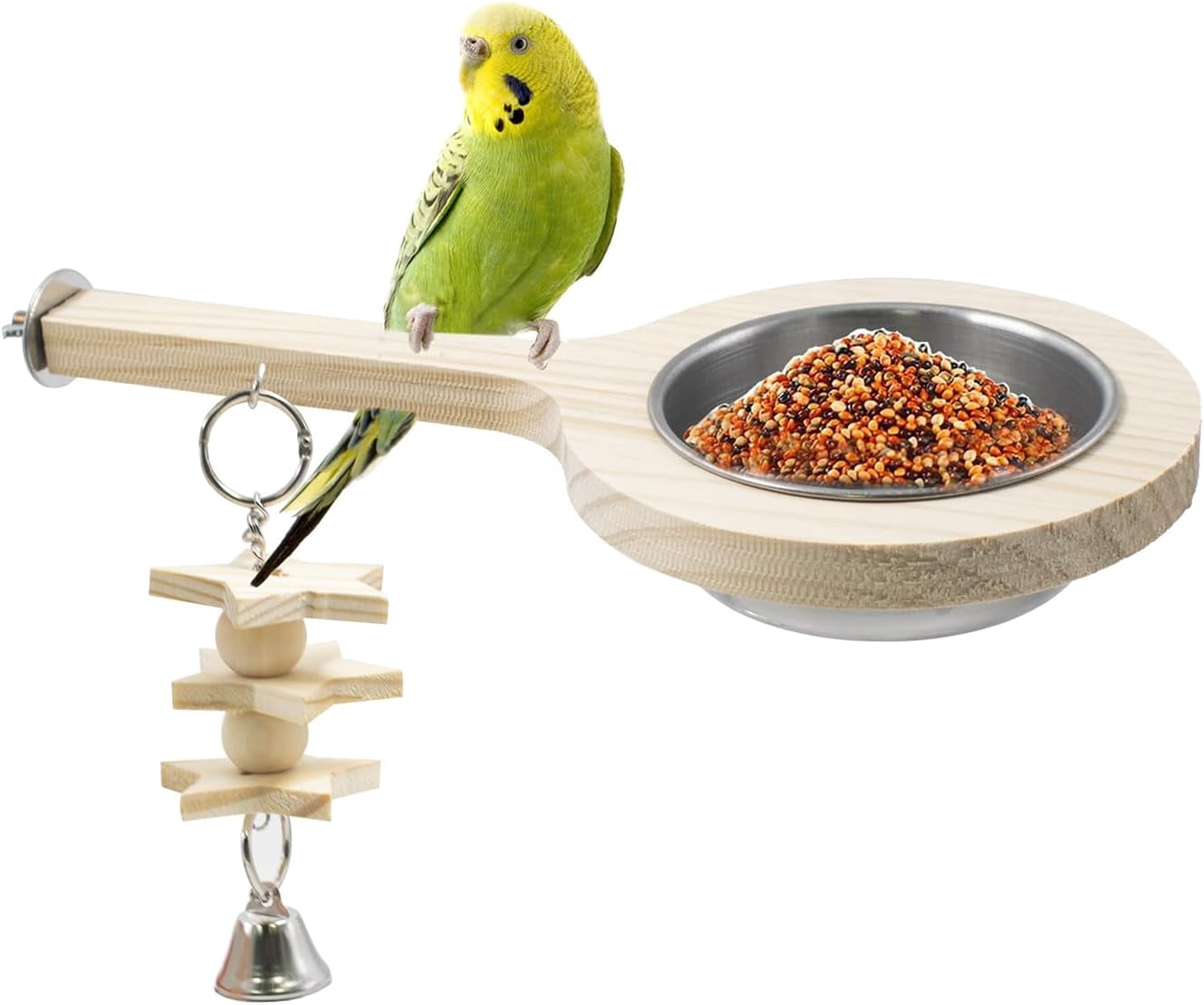 Bird Perch with Feeding Cup, Parrot Wood Stand with Chewing Toy, Bird ...