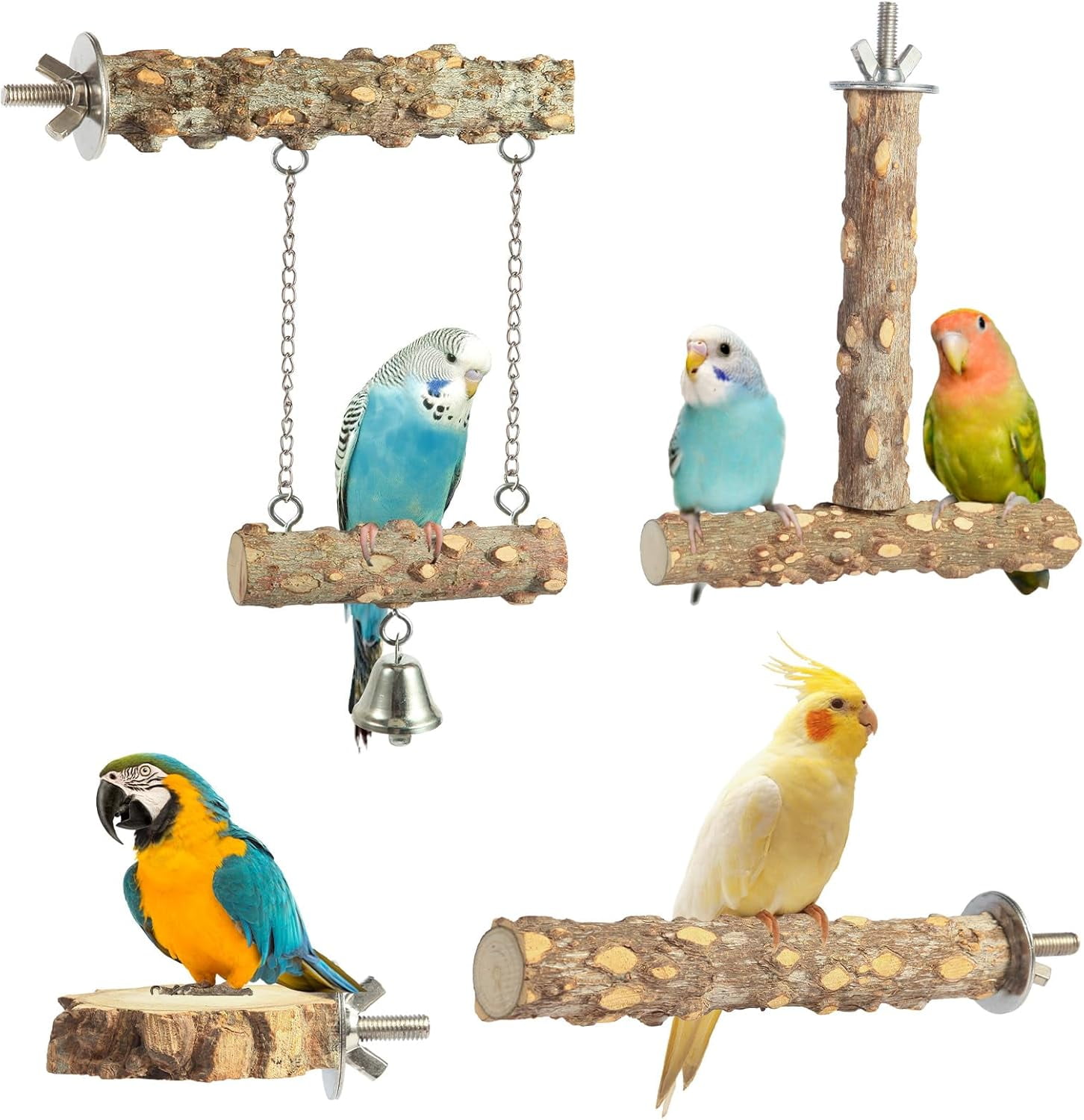 Bird Perches, 4 Pcs Natural Wood Birds Stand Branch, Bird Perch Chewing ...