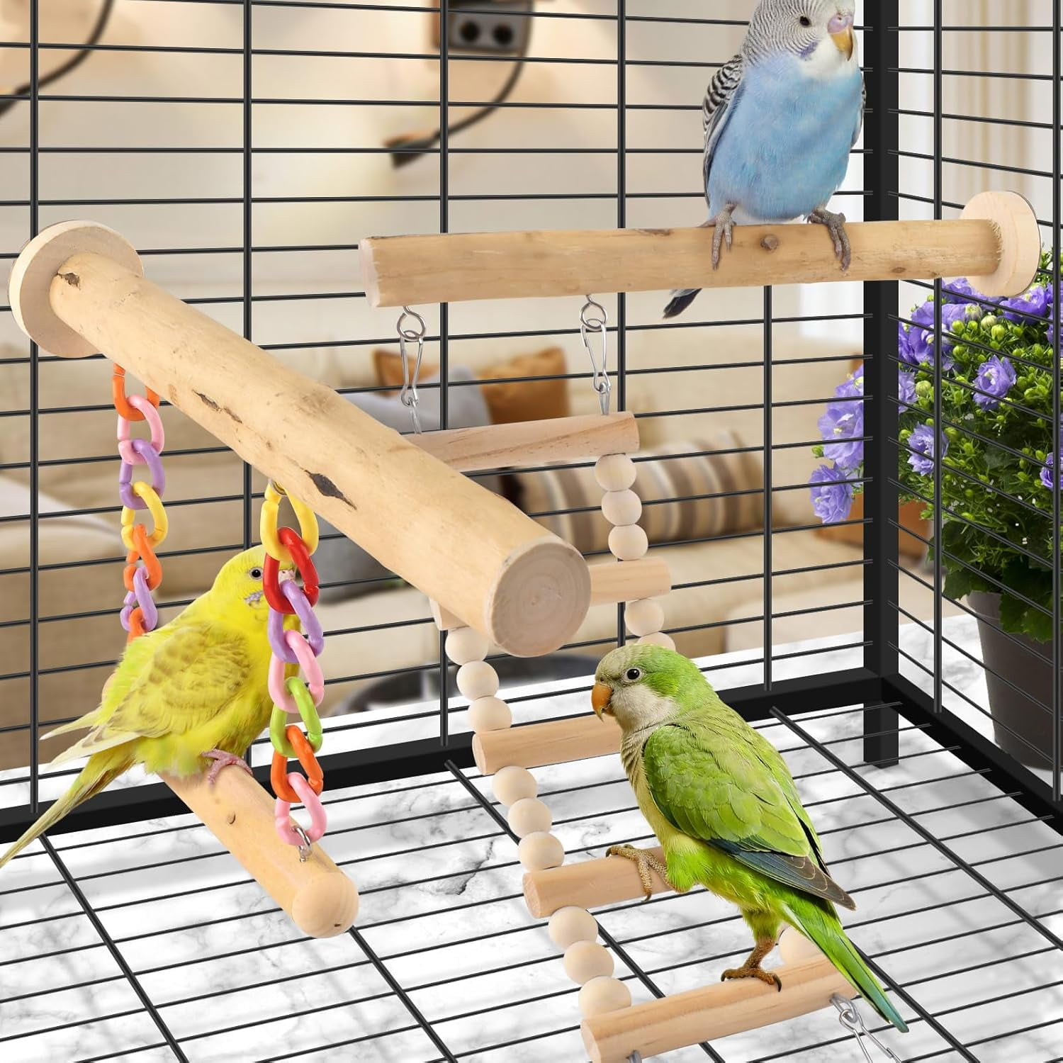 Bird Perches Ladder with Swing, Natural Wood Parrot Climbing Bridge ...