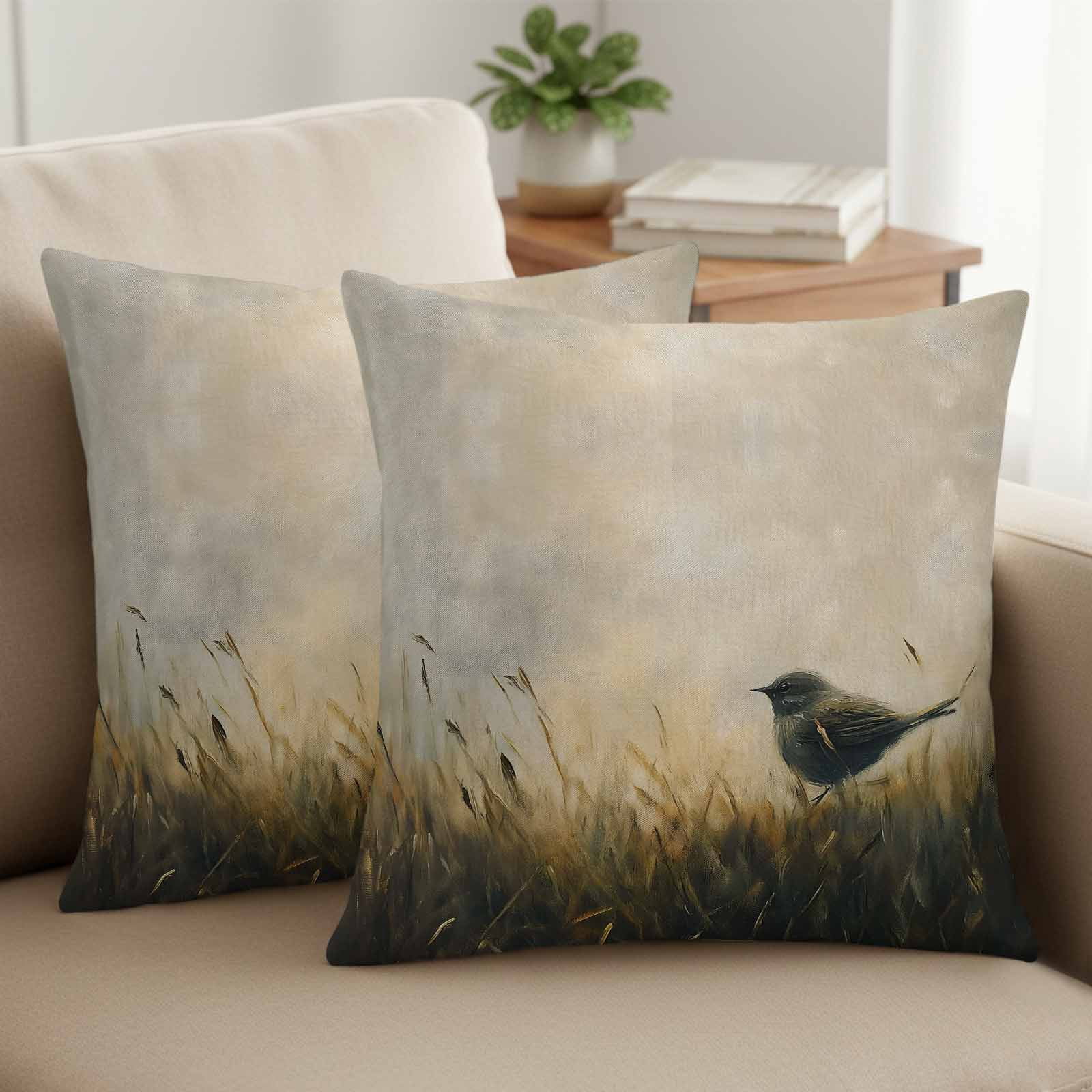 Bird Pillow Covers Set of 2, Wild Grass Misty Field Animal Nature ...
