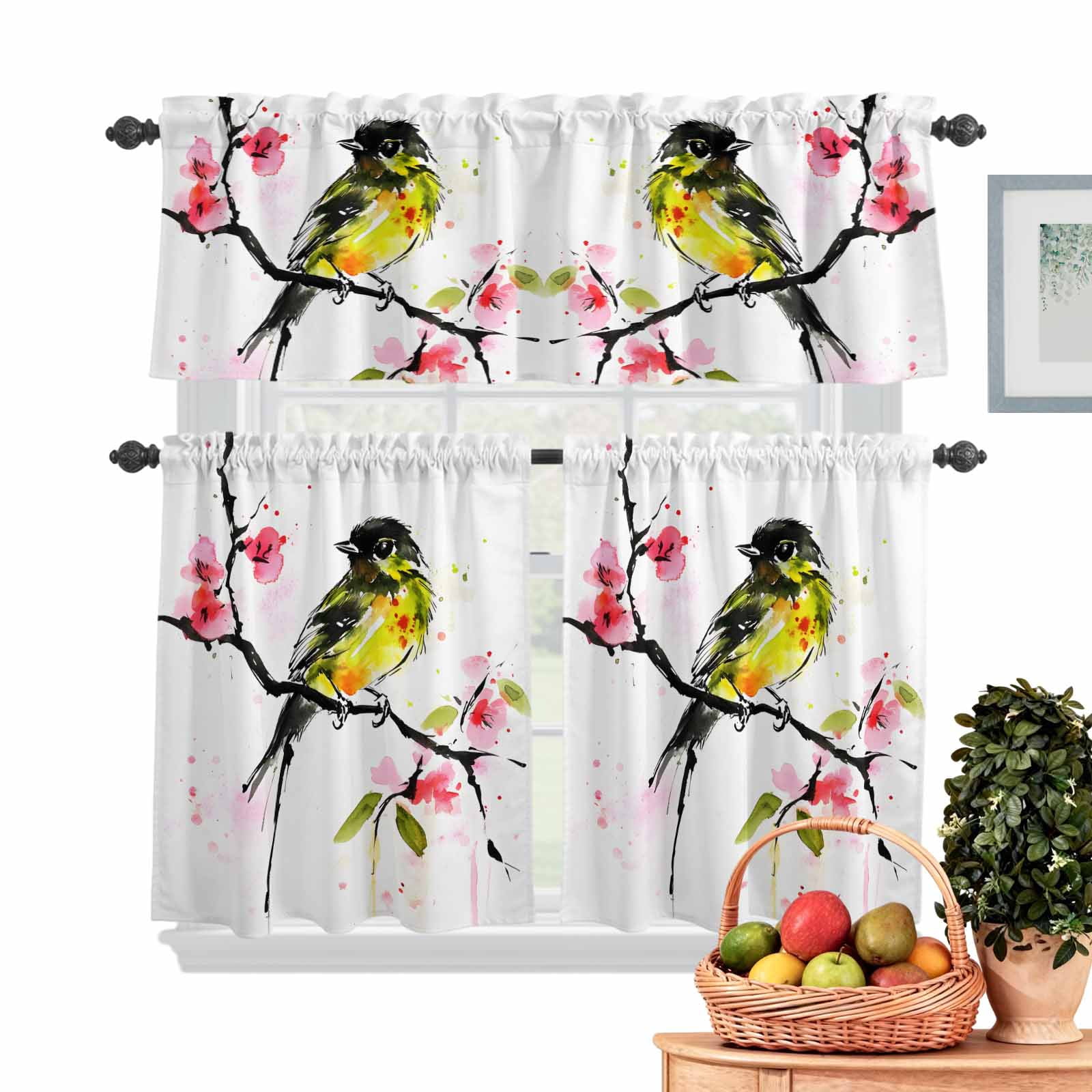 Bird Pink Peach Blossom Kitchen Curtains Valances 3 Piece Set ...