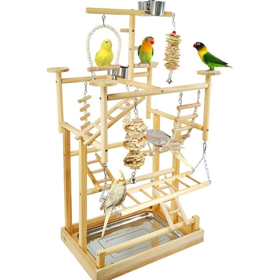 Bird Playground - Natural Wood Parrot Playstand with Perches, Bird Play ...