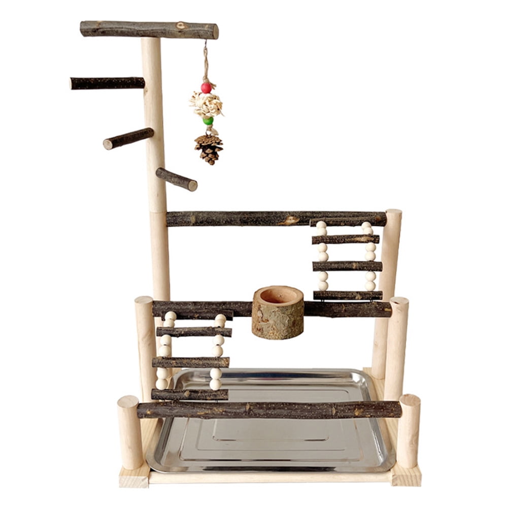 Bird Playground, Parrot Natural Wood Perch Stand With Stainless Steel ...