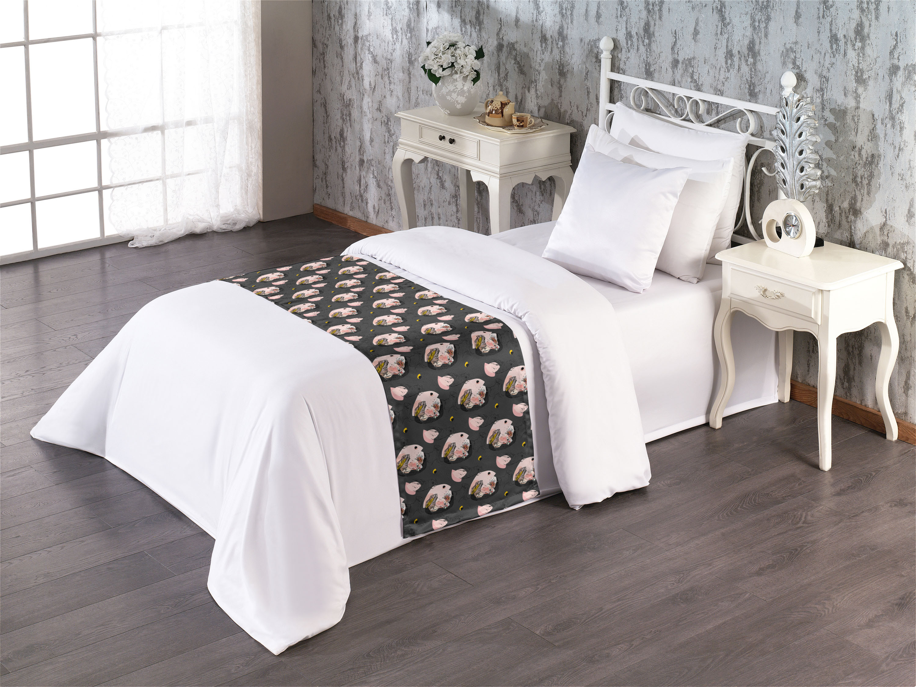 Bird Print Bed Runner, Parrot in the Circular Form and Feathers Sketch ...