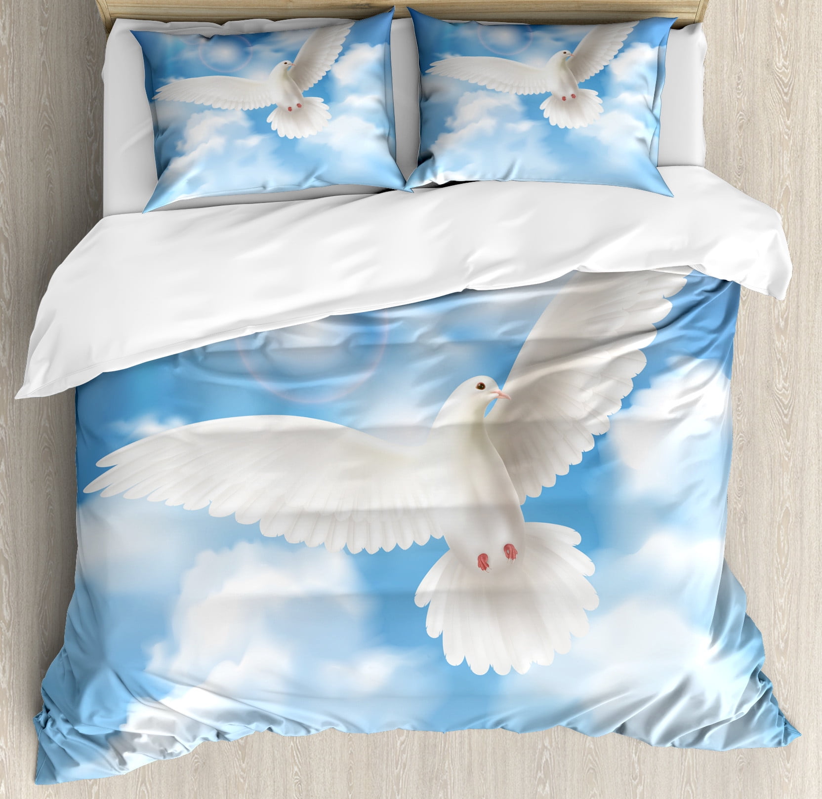Bird Print Duvet Cover Set, Innocent Pigeon Flying in Sunny Sky with ...