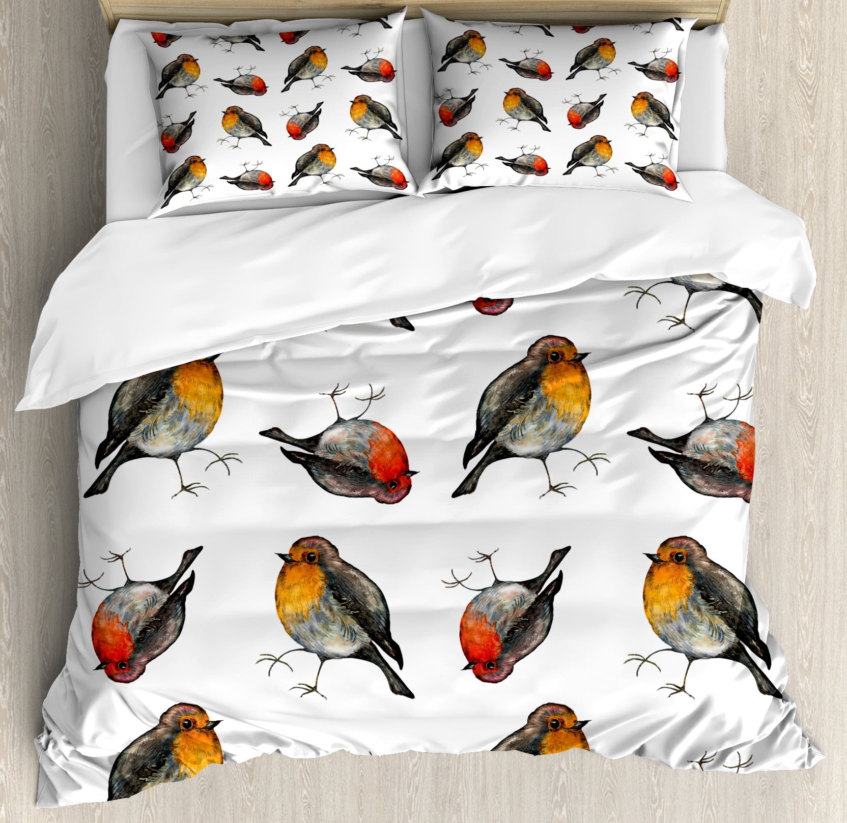 Bird Print Duvet Cover Set, Robin Redbreast Breed in Watercolor Style ...