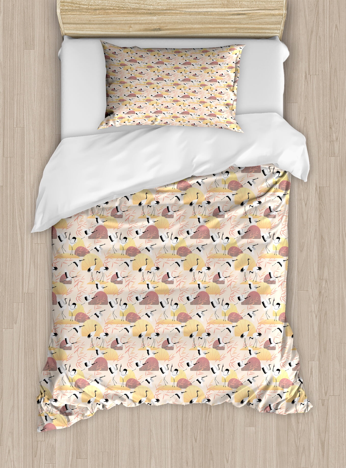 Bird Print Duvet Cover Set, Tender Japanese Art Continuous Cranes and ...