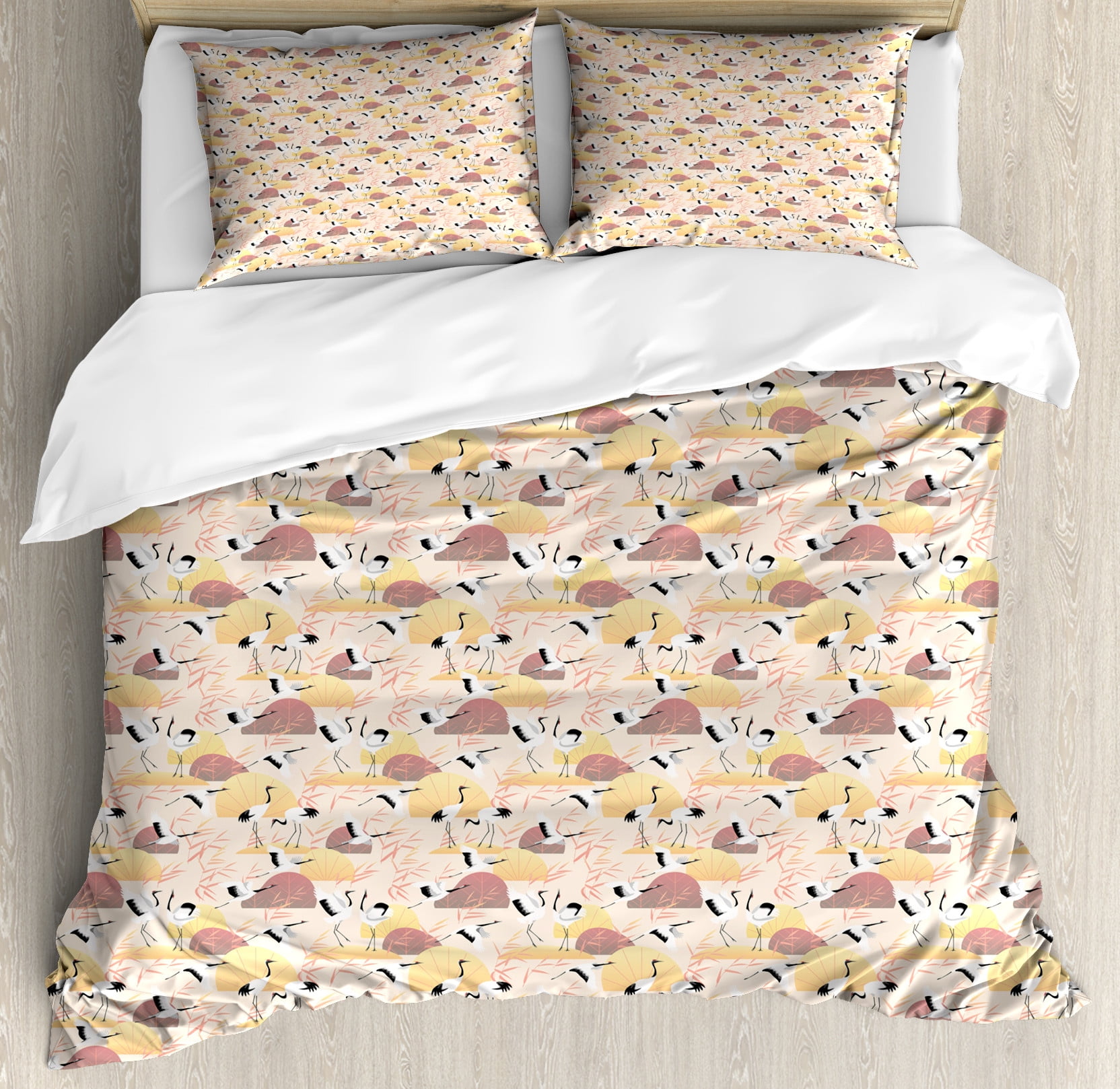 Bird Print Duvet Cover Set, Tender Japanese Art Continuous Cranes and ...