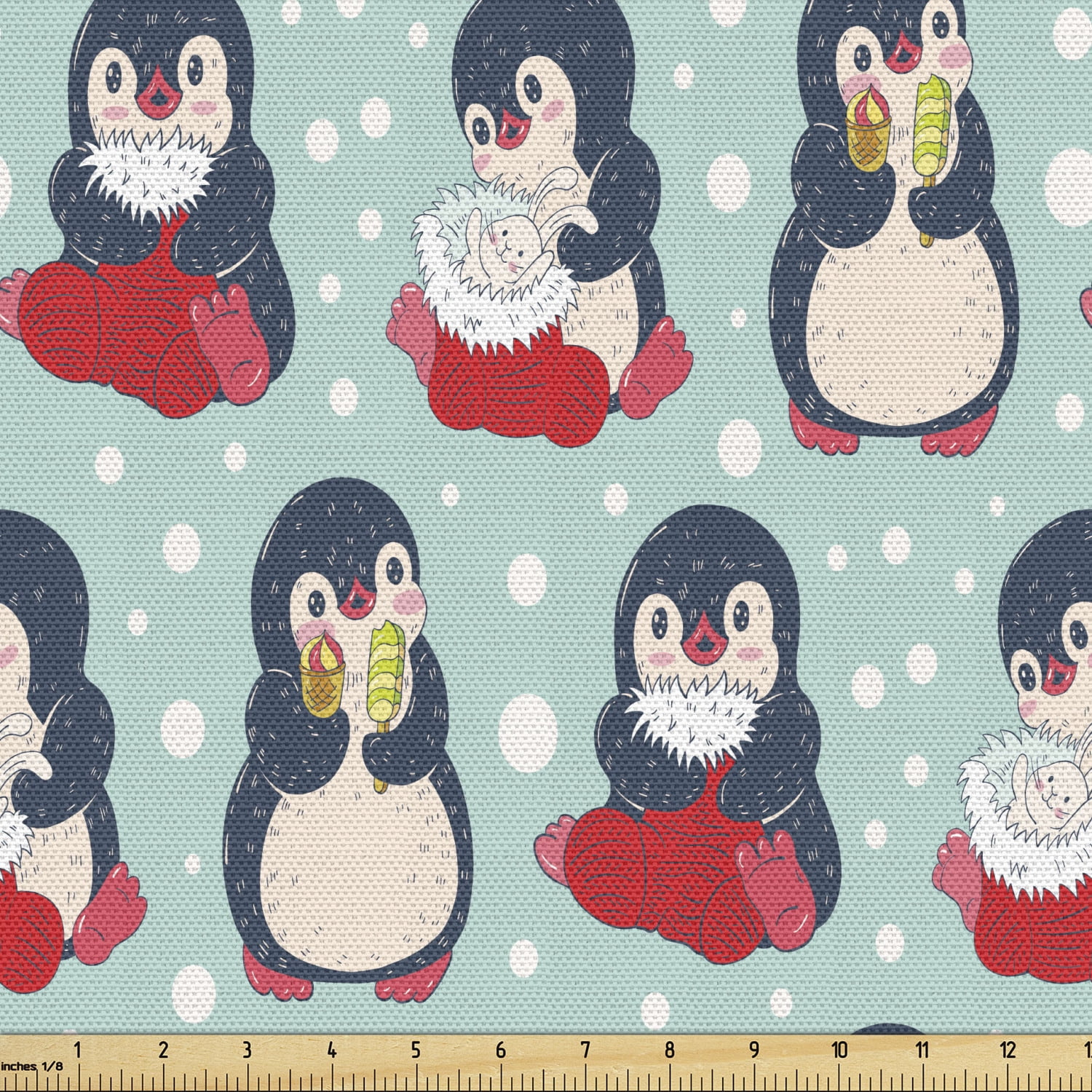 Bird Print Fabric by the Yard, Winter Pattern of Penguins with Polka ...