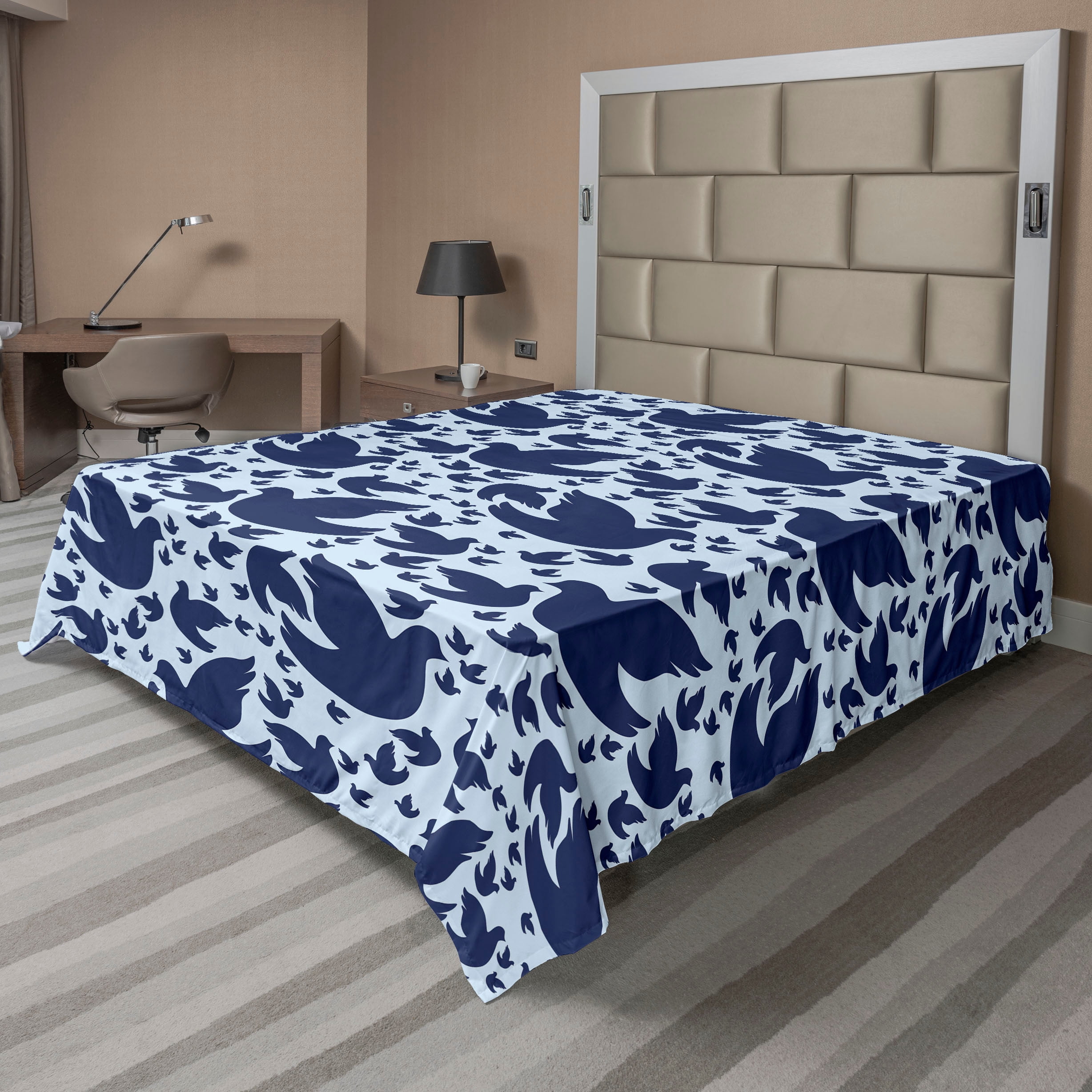 Bird Print Flat Sheet, Bohemian Silhouettes of Winged Animals on Sky ...