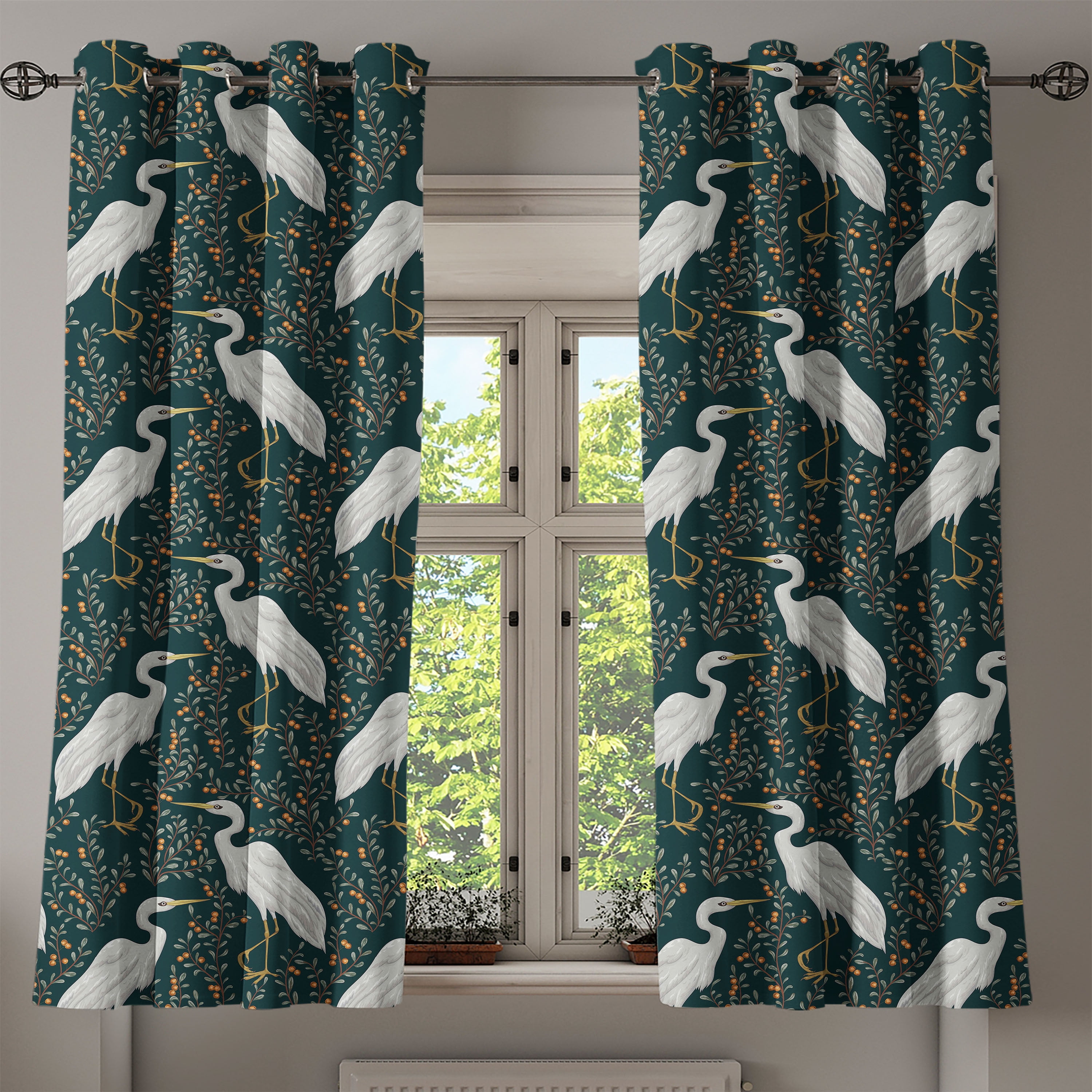 Bird Print Grommet Curtain, Nature Inspired Sketch Herons With ...