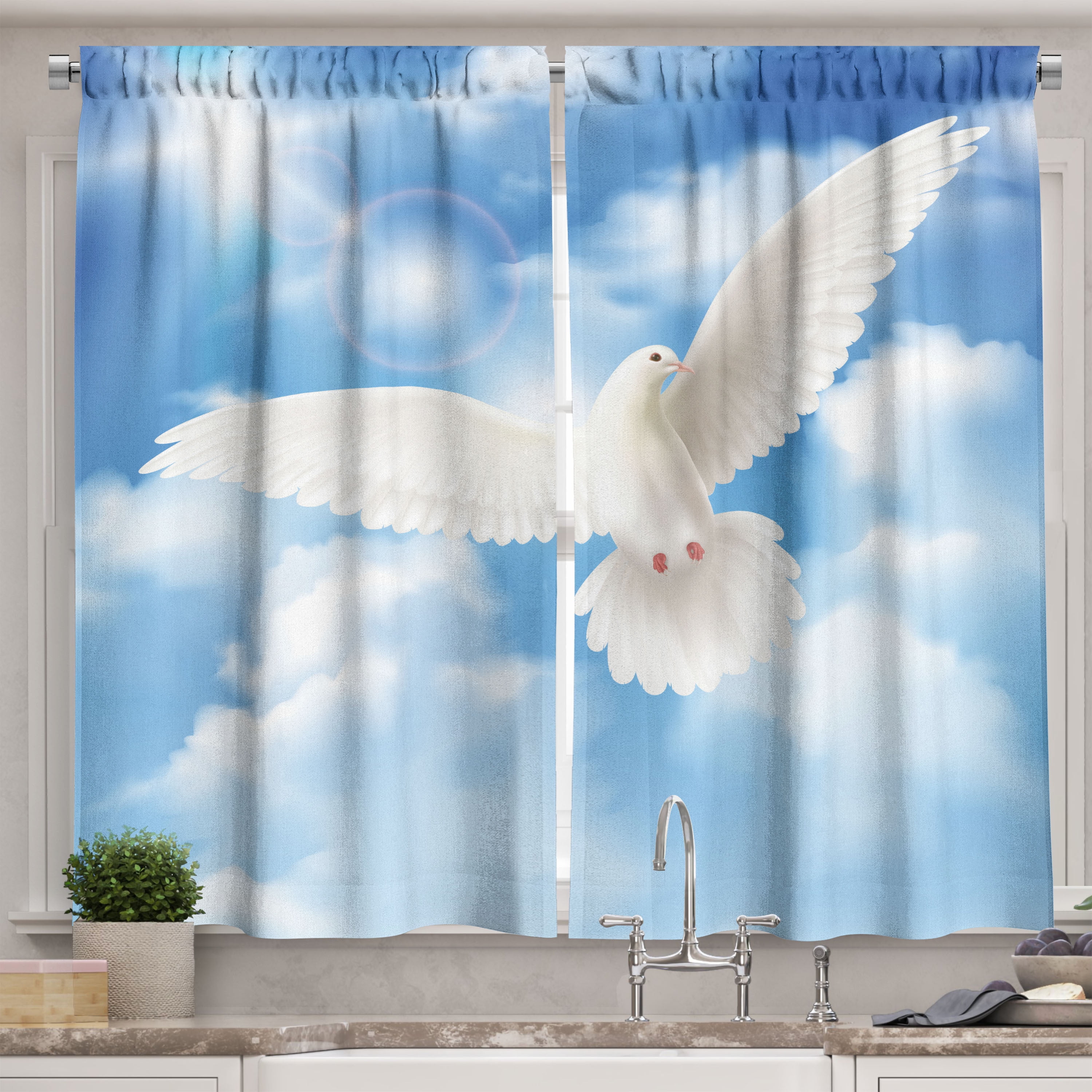 Bird Print Kitchen Curtains, Innocent Pigeon Flying in Sunny Sky with ...