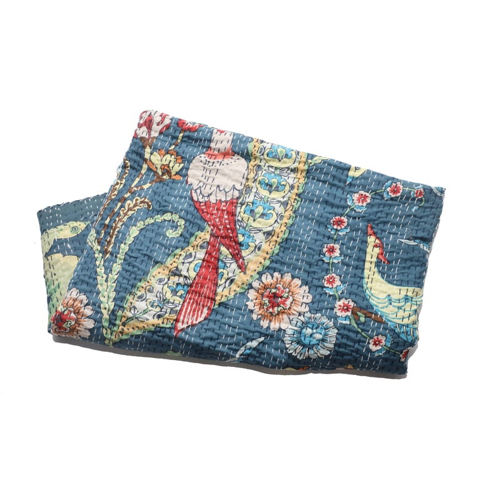Bird Print Quilt Kantha Bedspread Cotton Blanket Indian Bed Cover ...
