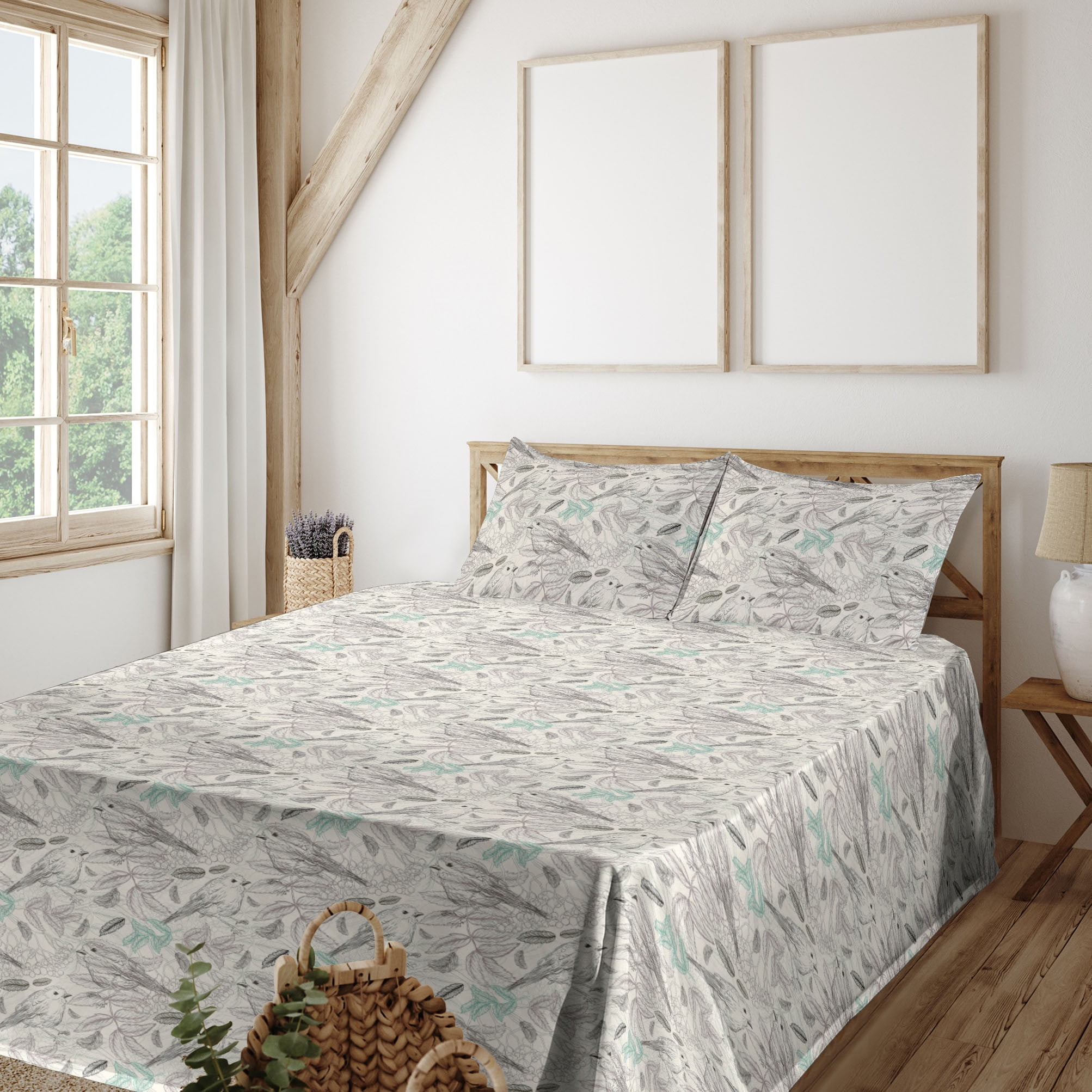Ambesonne Bird Print Fitted & Flat Sheet with Shams 4 Pcs Set, Flying ...