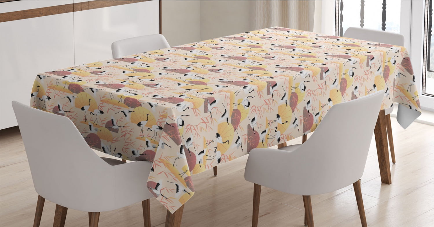 Bird Print Tablecloth, Tender Japanese Art Continuous Cranes and Reeds ...