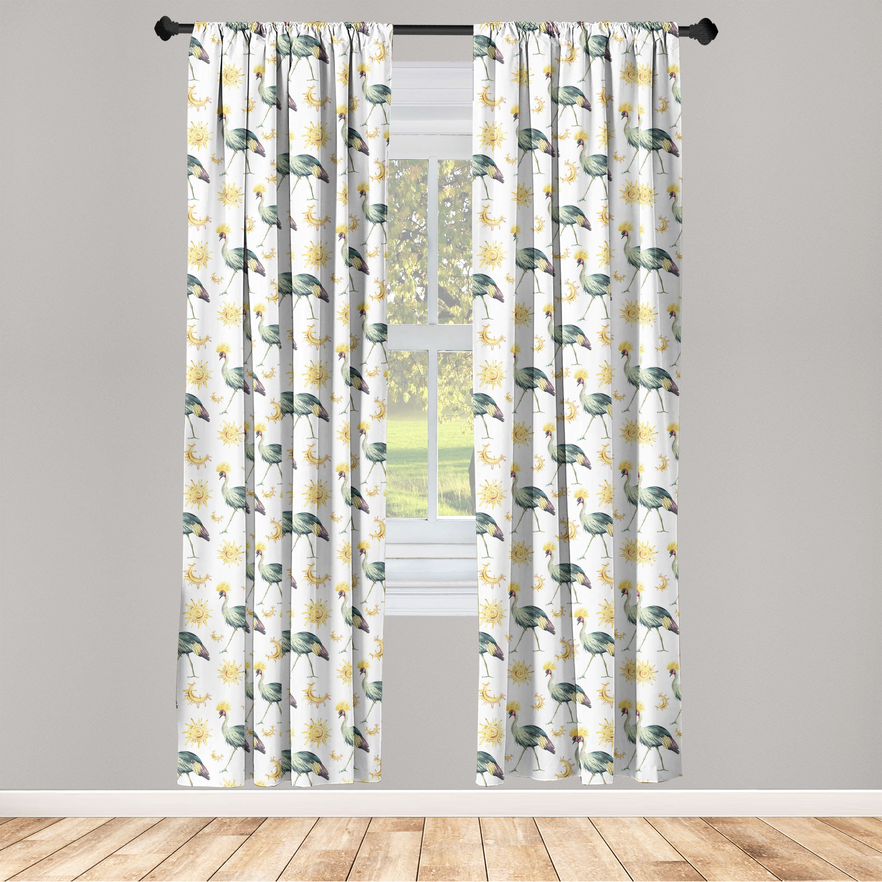 Bird Print Window Curtains, Bohemian Sun and Moon Pattern and Watercolor Cranes Illustration ...