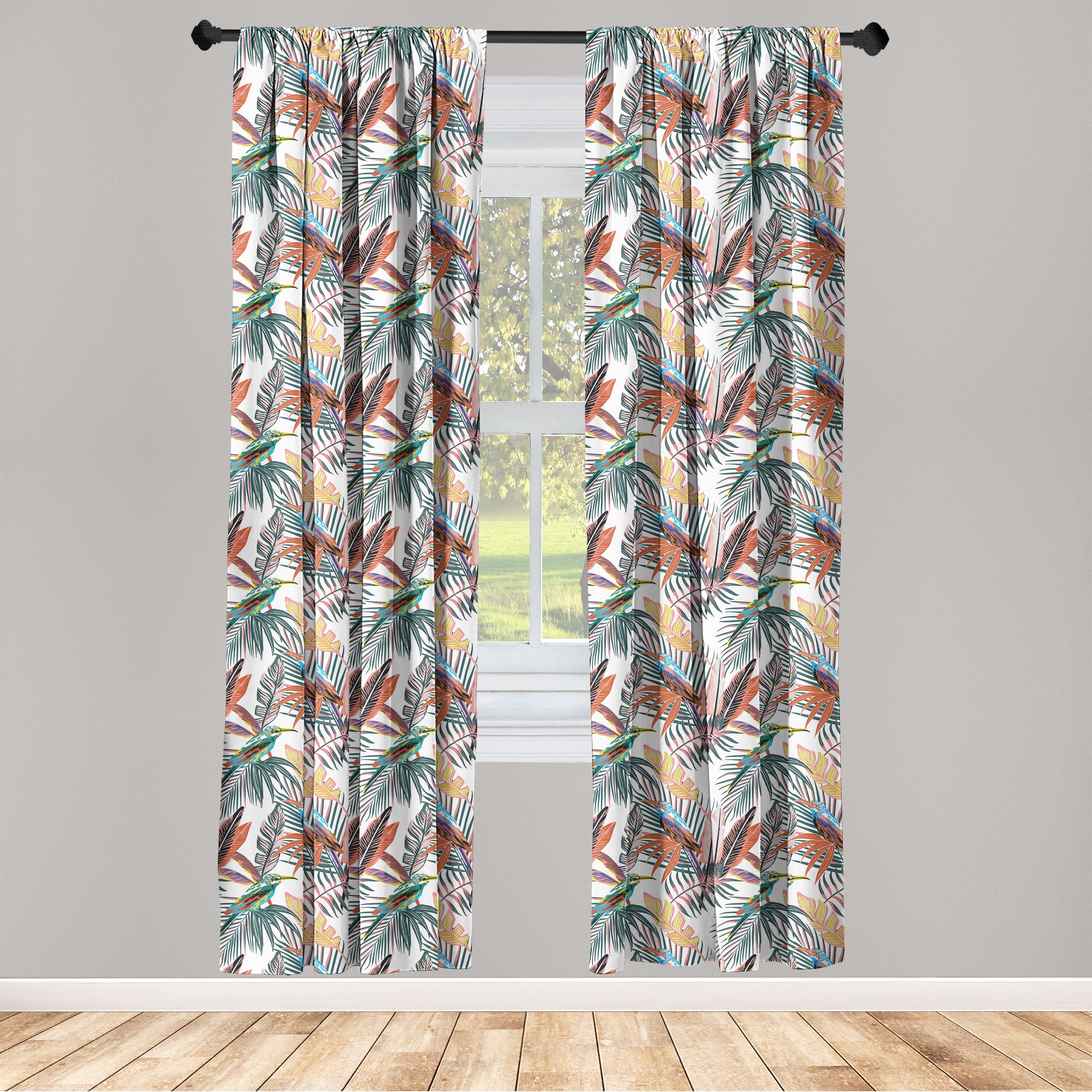 Bird Print Window Curtains, Exotic Jungle and Leaves Tropical Theme ...