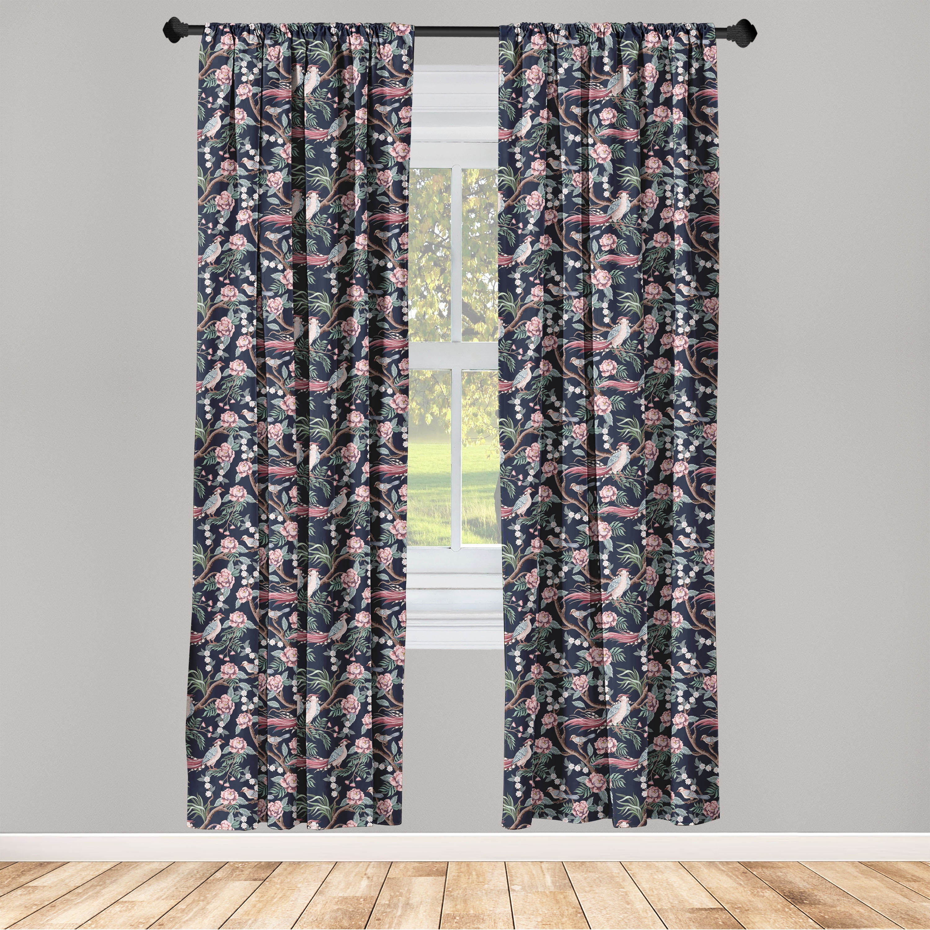 Bird Print Window Curtains, Wild Forest Themed Vintage Watercolor Like ...