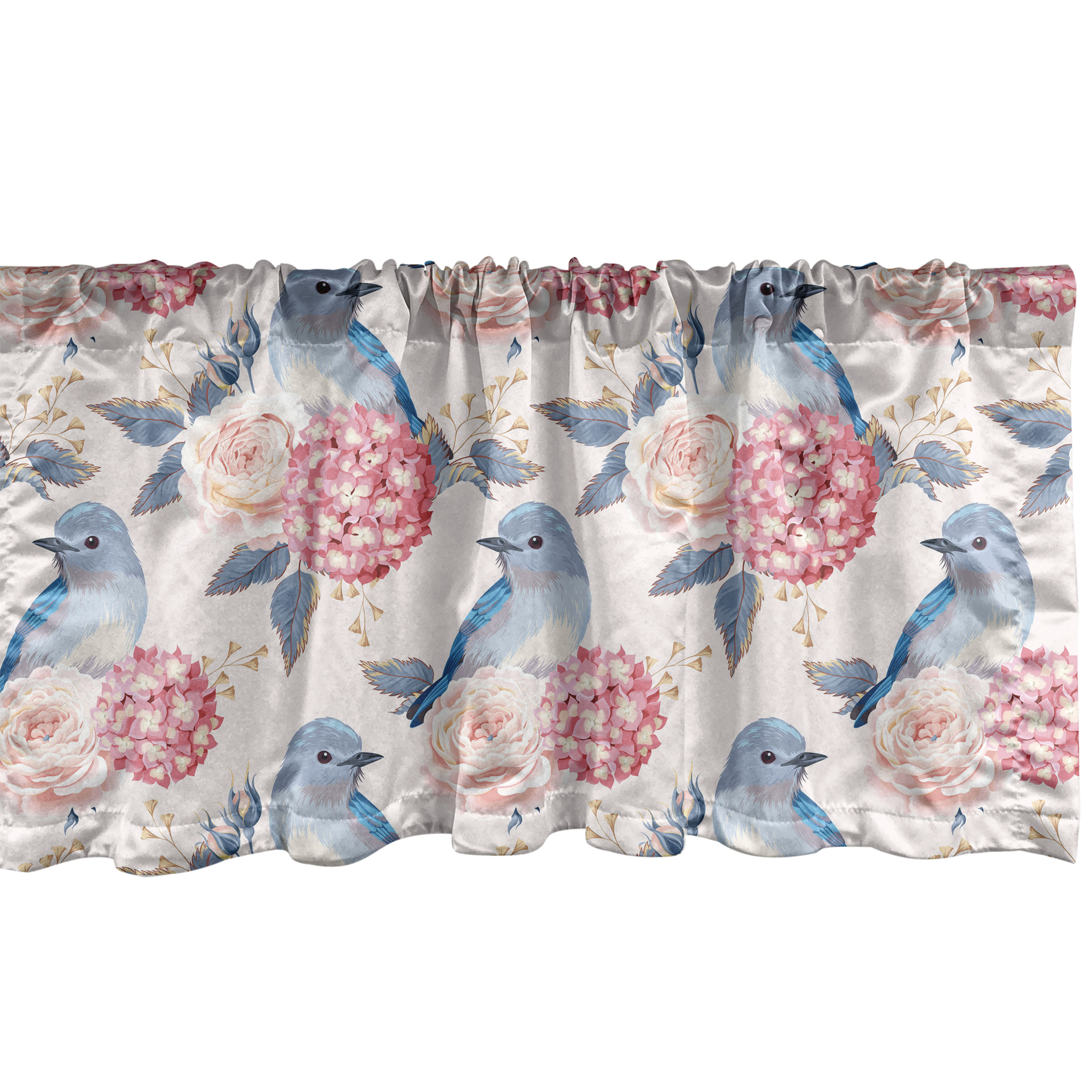 Bird Print Window Valance, Watercolor Hydrangea Peony Floral Blooms on ...