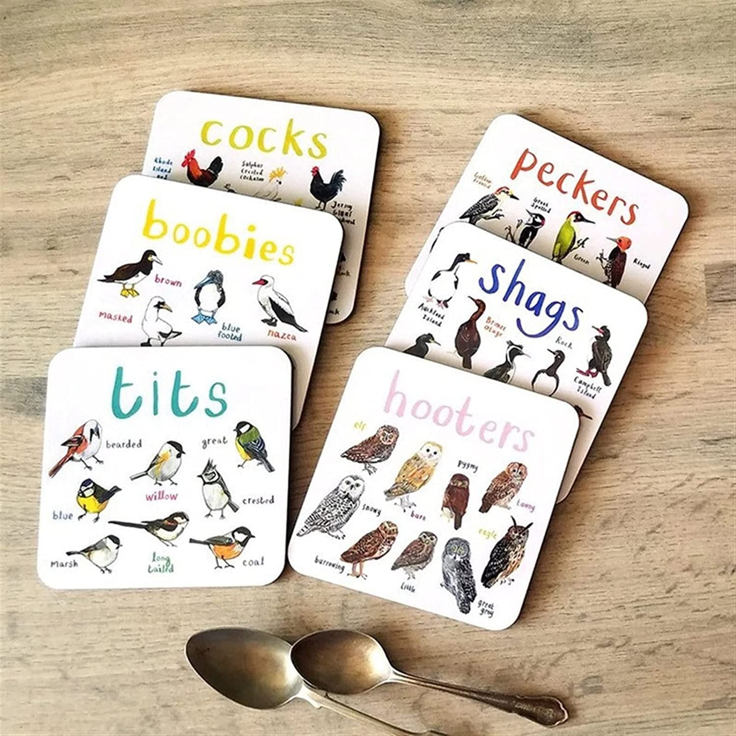 Bird Pun Coasters, Set of 6 Funny Drink Coasters, Table Top Protection ...