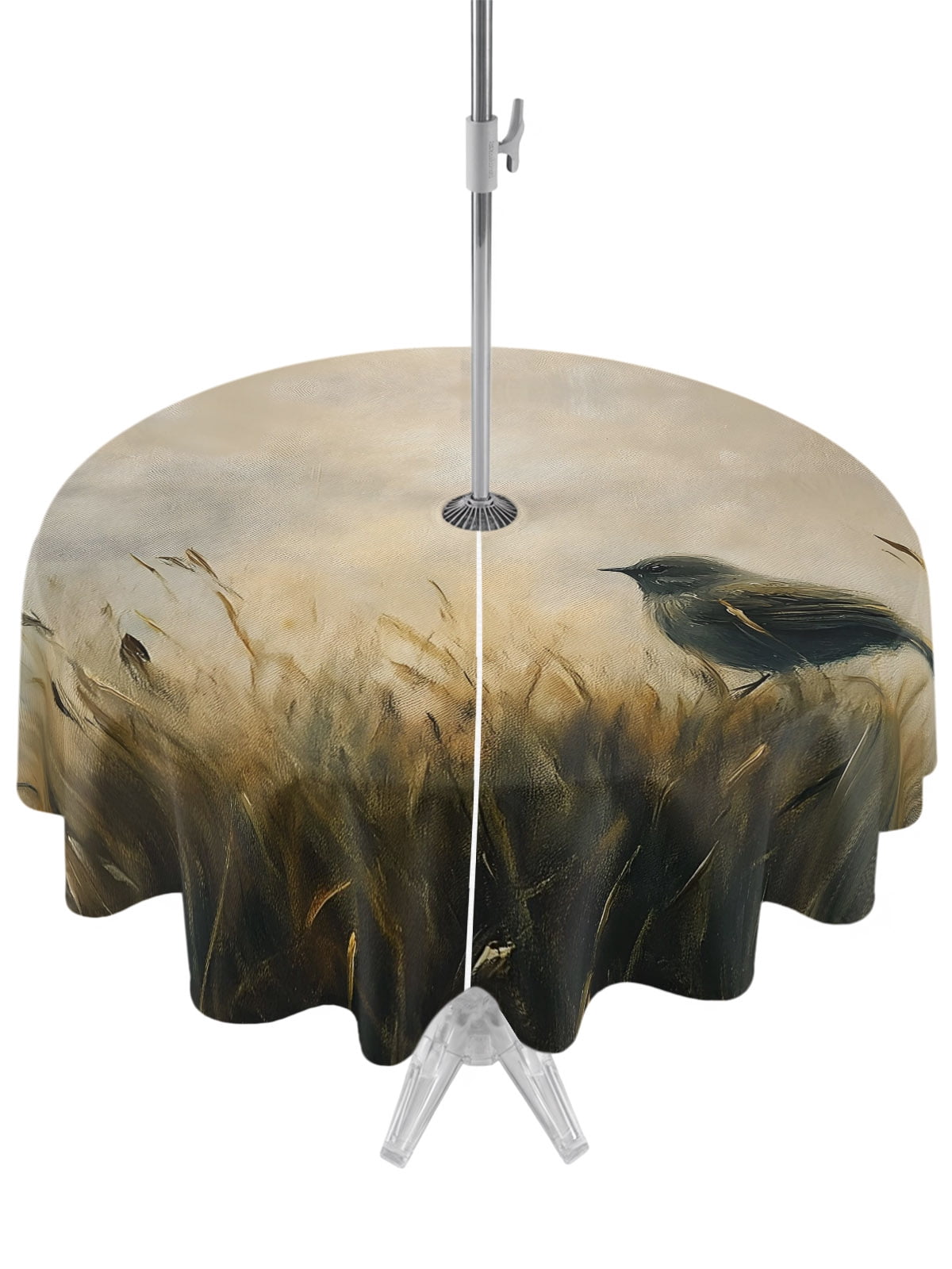 Bird Round Outdoor Tablecloth with Umbrella Hole Wild Grass Misty Field ...