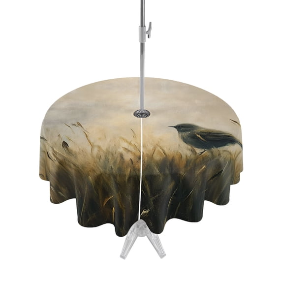 Bird Round Outdoor Tablecloth with Umbrella Hole Wild Grass Misty Field ...