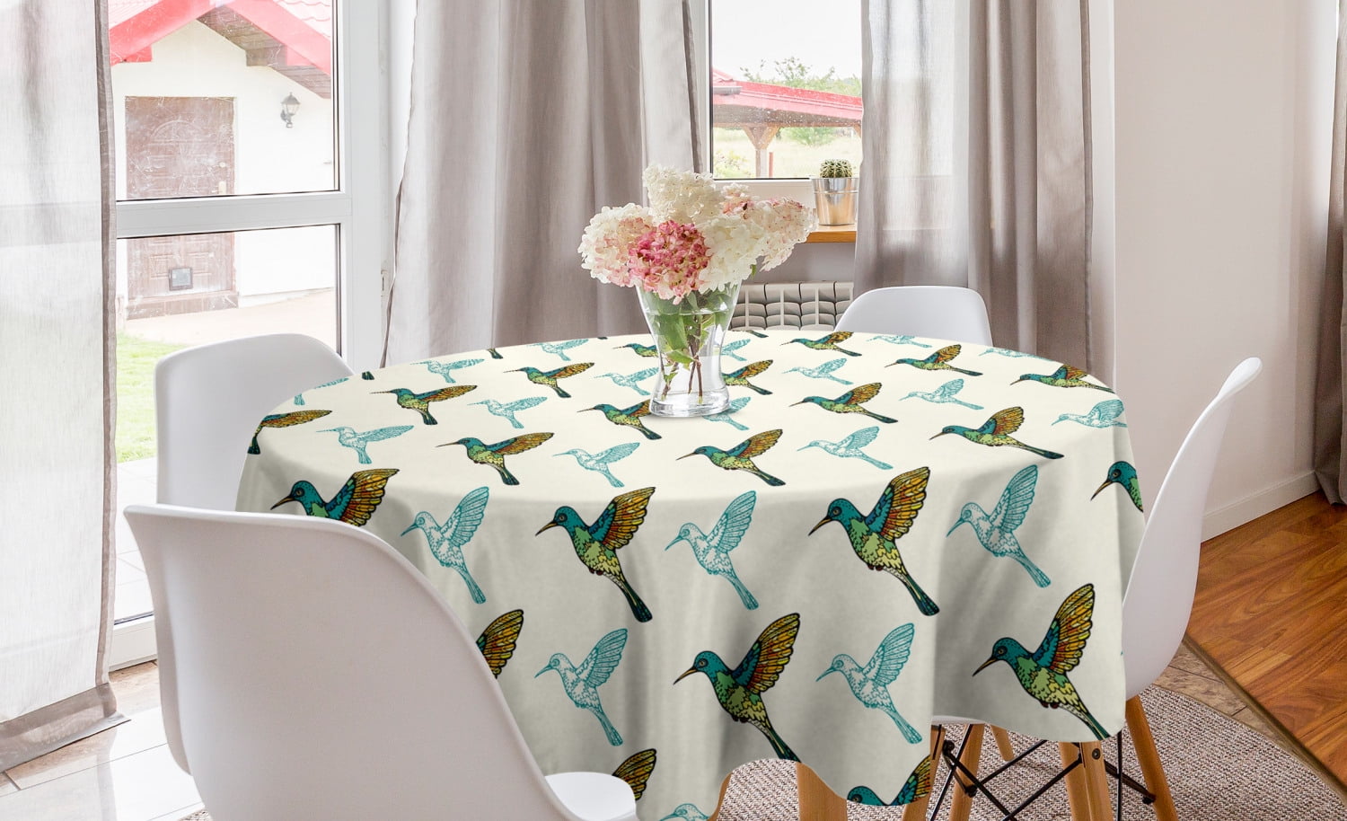 Bird Round Tablecloth, Continuous Pattern of Colorful Hummingbirds ...